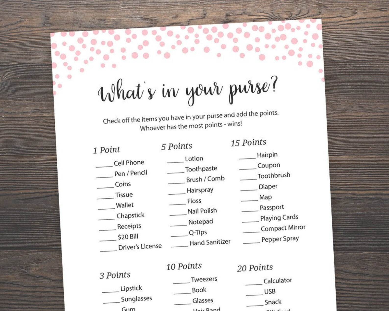 Blush Pink Baby Shower Games What's in Your Purse - Etsy