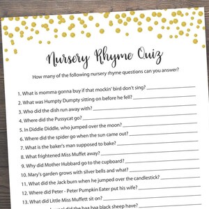 Nursery Rhyme Quiz, Baby Shower Games, Printable Baby Shower, Gold Baby ...