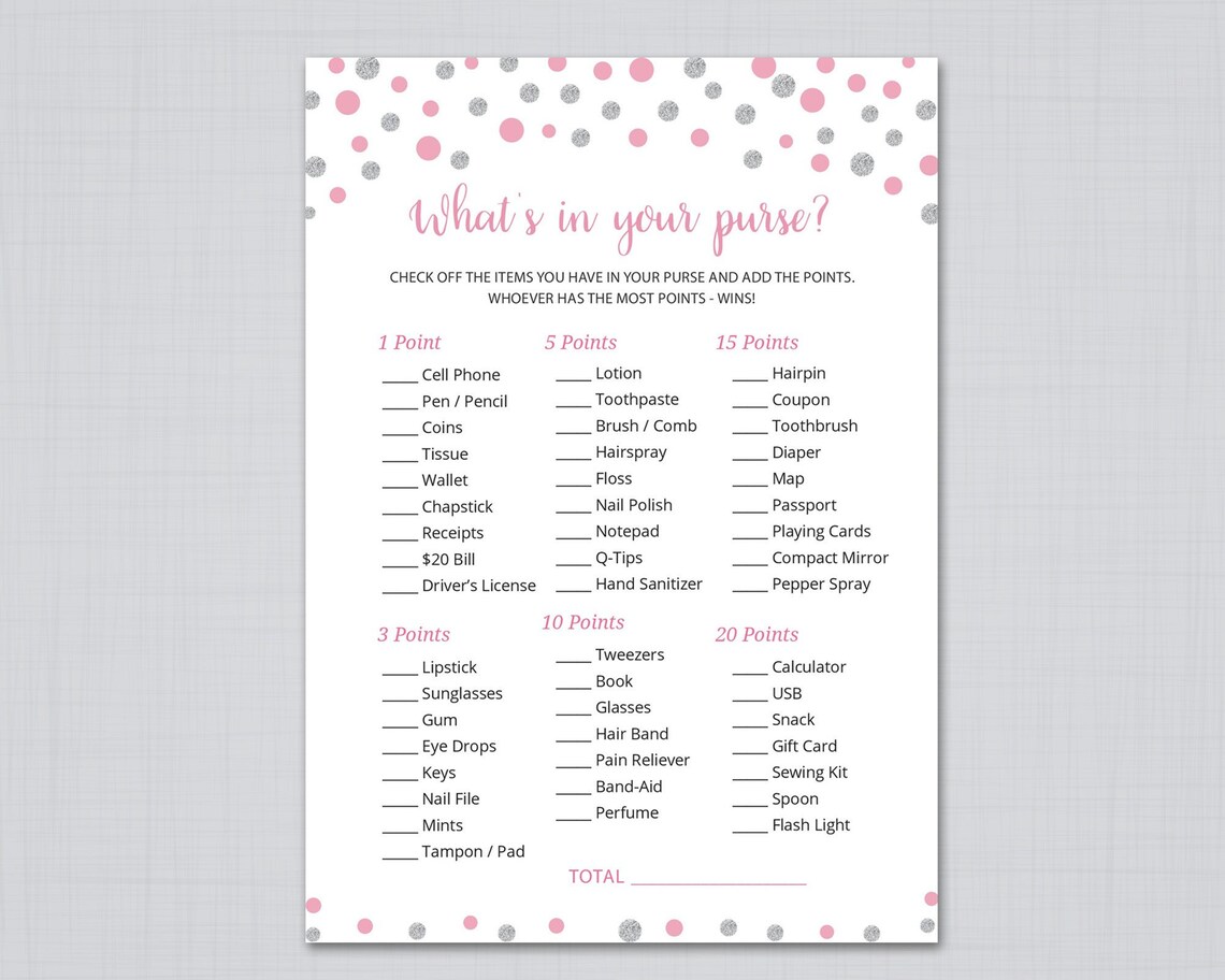 Silver Pink Baby Shower Games What's in Your Purse - Etsy