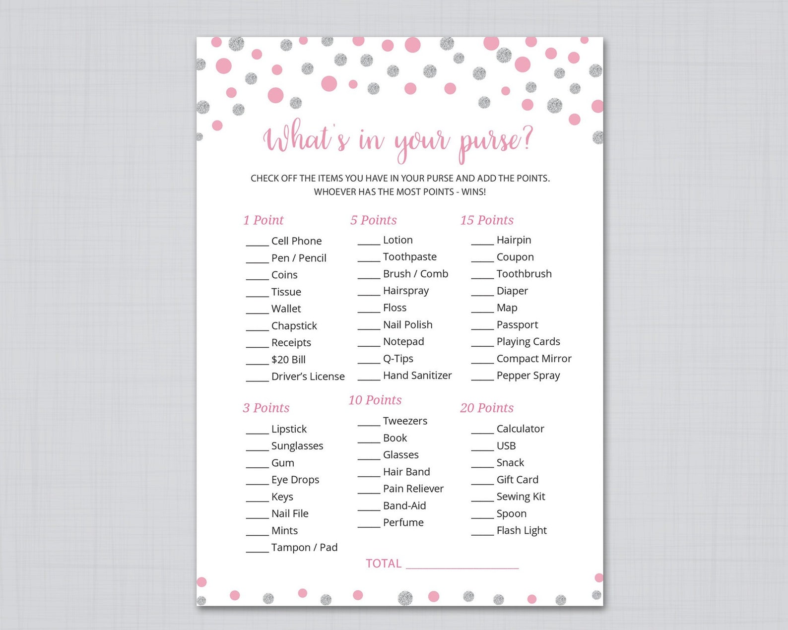 Silver Pink Baby Shower Games What's in Your Purse - Etsy