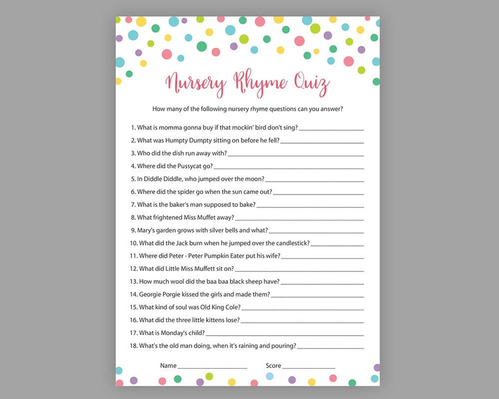 Rainbow Nursery Rhyme Quiz Rainbow Baby Shower Games - Etsy