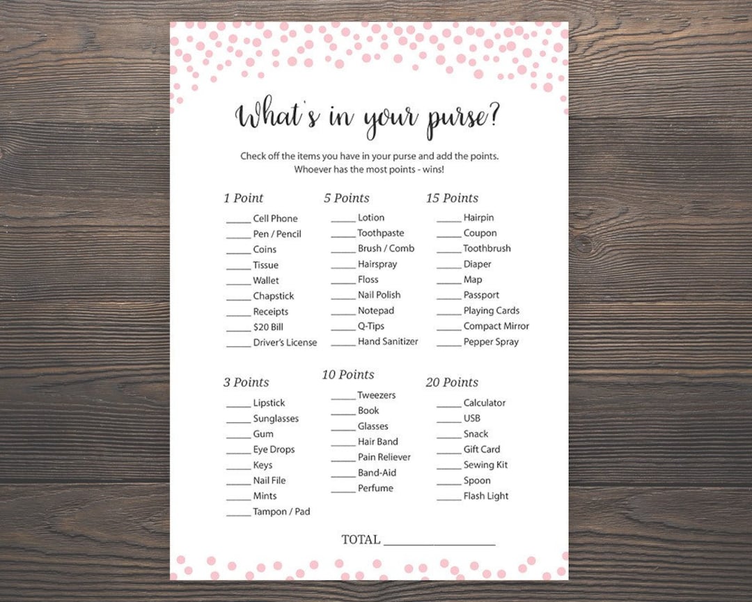 Blush Pink Baby Shower Games, What's in Your Purse, Printable Baby ...