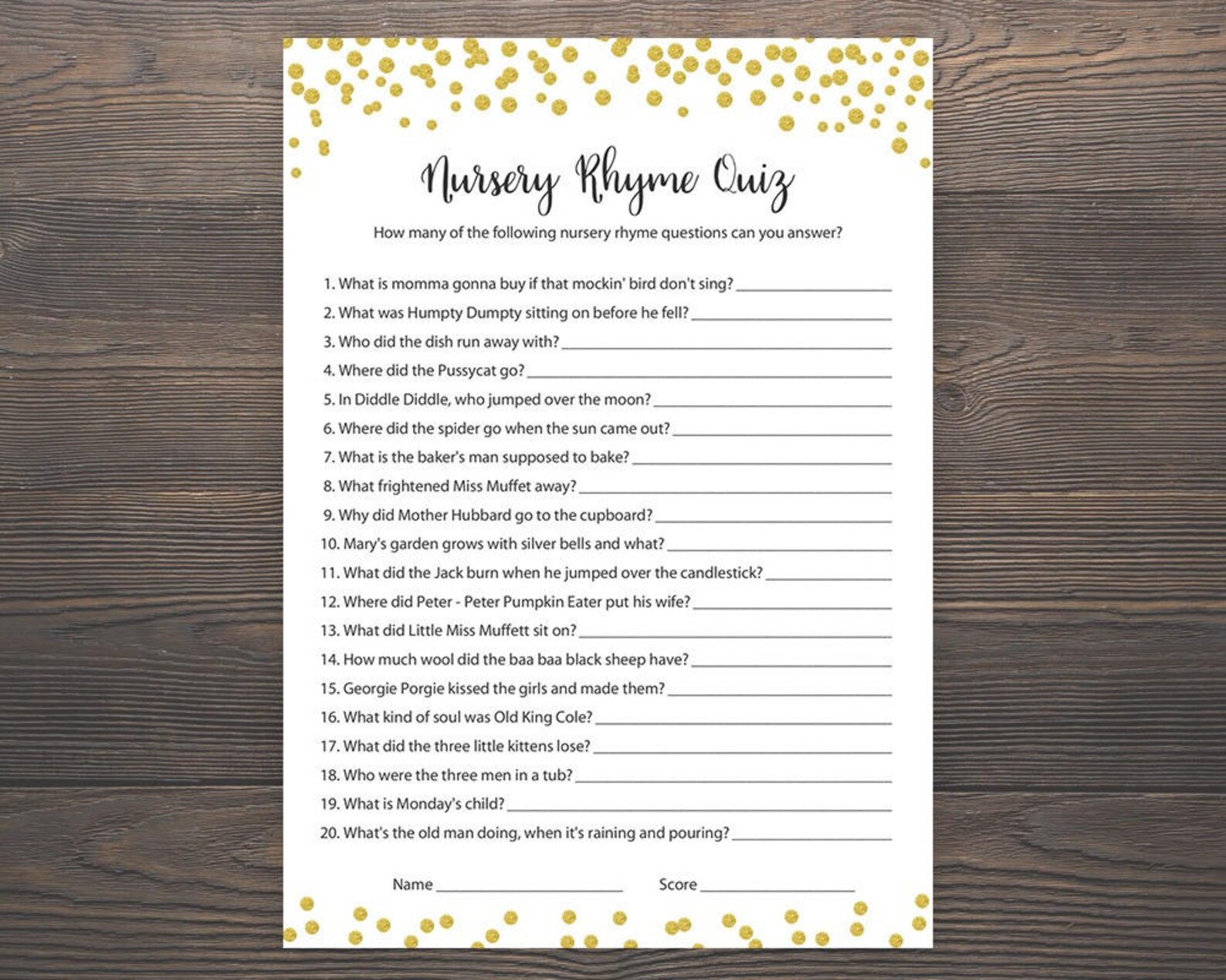 Nursery Rhyme Quiz, Baby Shower Games, Printable Baby Shower, Gold Baby ...