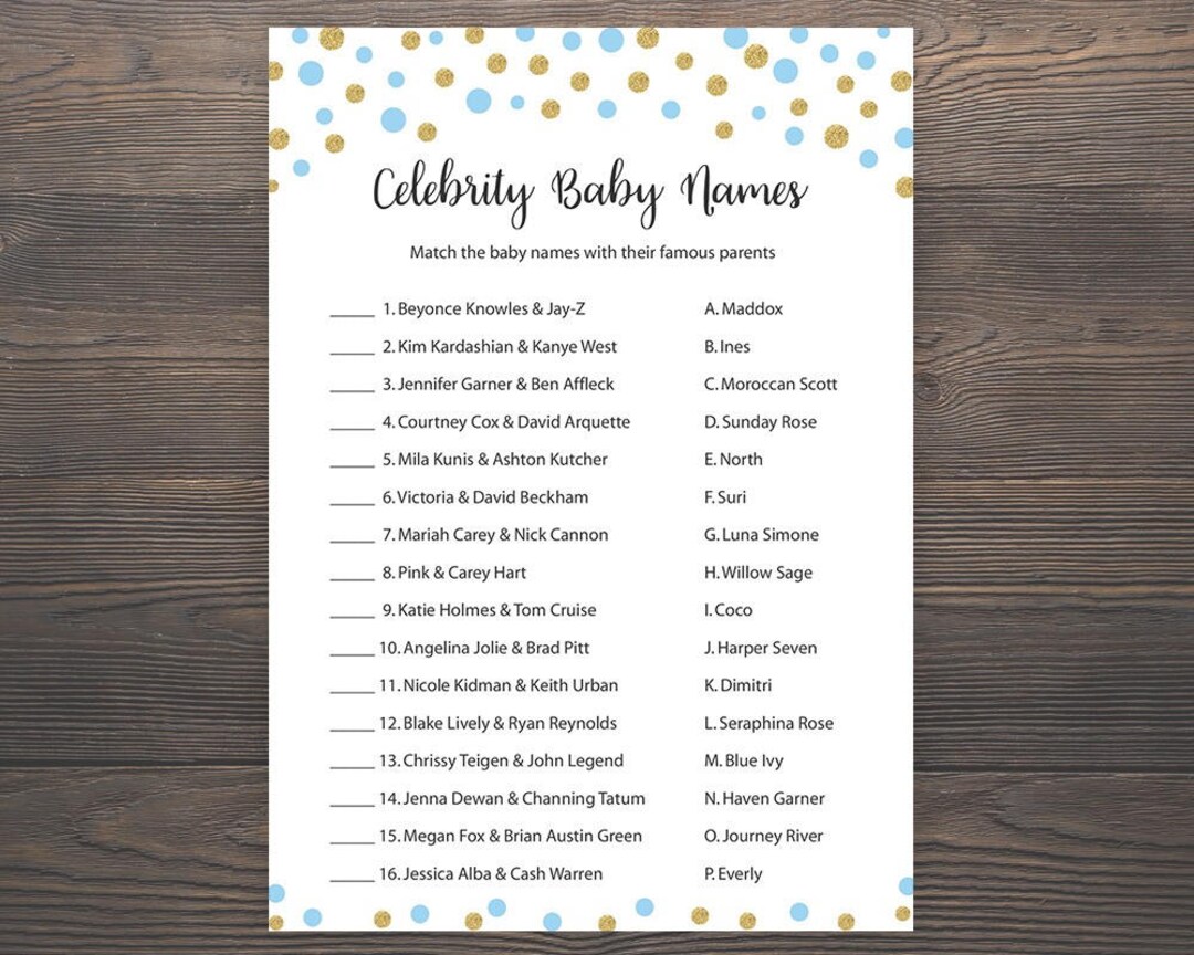 Blue Gold Baby Shower Games, Celebrity Baby Name Game, Baby Shower ...