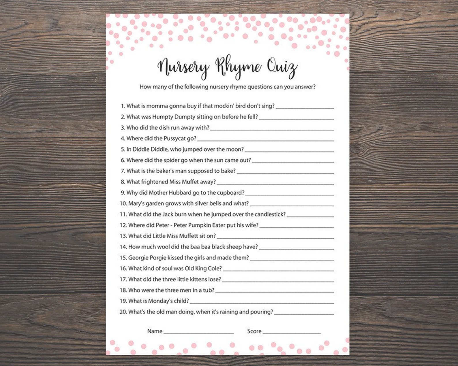 Blush Pink Nursery Rhyme Quiz, Baby Shower Games, Printable Baby Shower ...