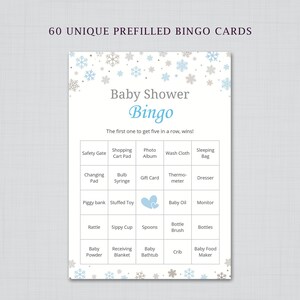 Winter Snowflakes Baby Shower Games, 60 Prefilled Baby Bingo Game Cards ...