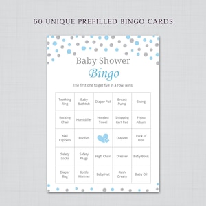 60 Prefilled Baby Bingo Cards, Blue Silver Baby Shower Games, Printable ...