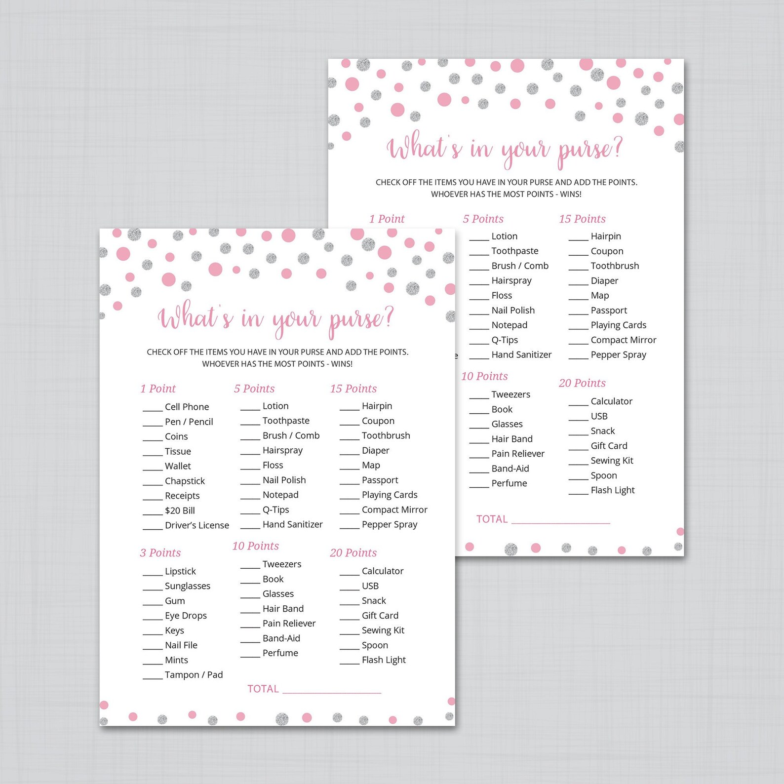 Silver Pink Baby Shower Games What's in Your Purse - Etsy