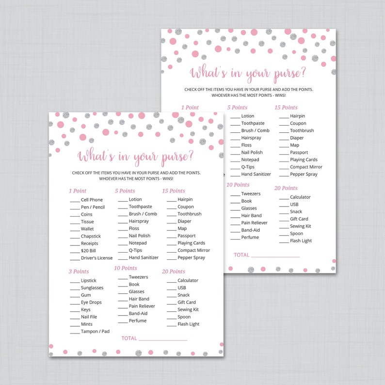 Silver Pink Baby Shower Games What's in Your Purse - Etsy