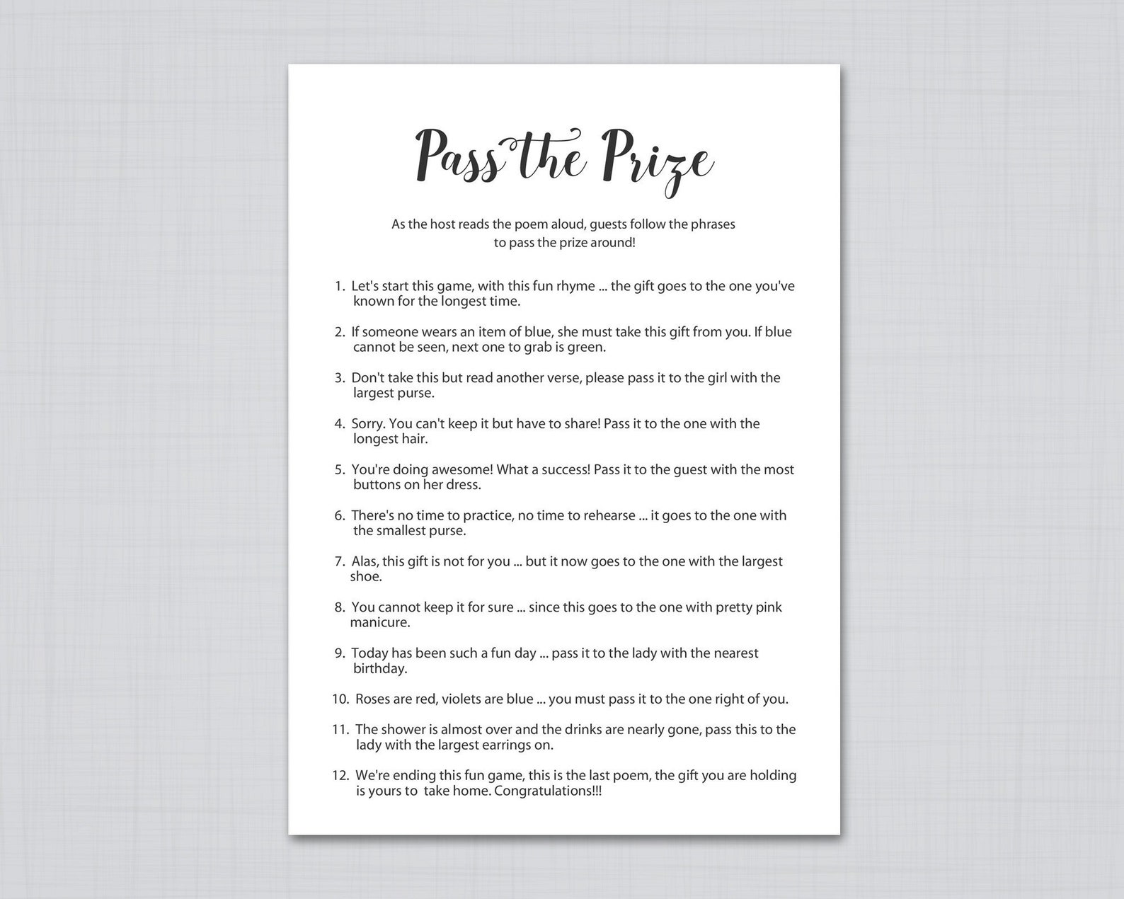 Pass the Prize Gender Neutral Baby Shower Minimalist Rhyme - Etsy