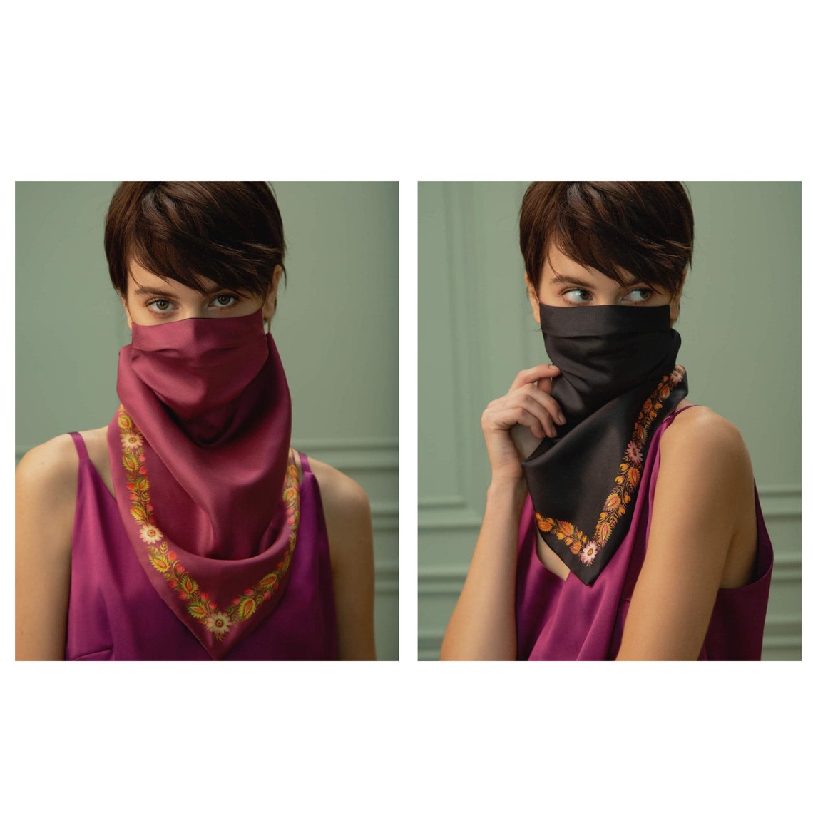 Silk Scarf Mask With Unique Floral Print Black/purple Face - Etsy