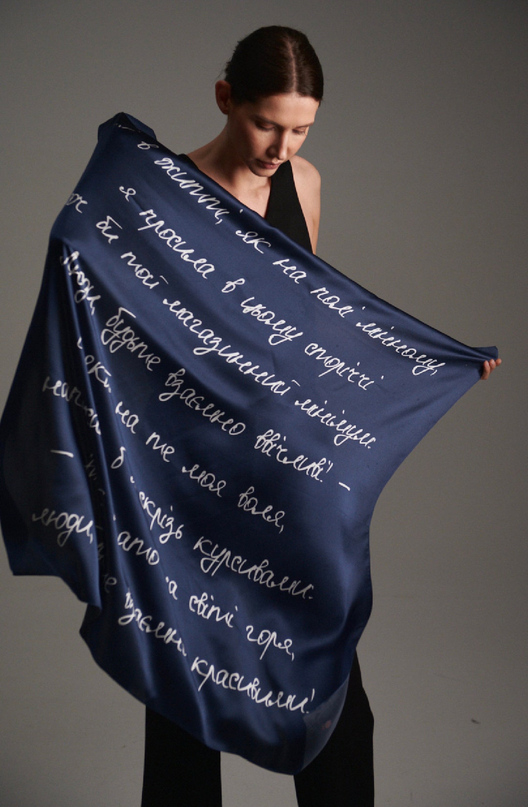 Lina Kostenko Poem Silk Square Scarf, Daek Blue Silk Shawl, Ukrainian ...
