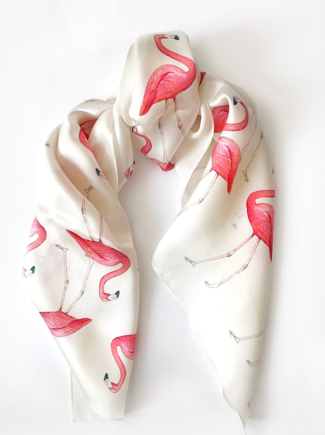White Silk Scarf With Flamingo Print Light Summer Shawl Wrap - Etsy