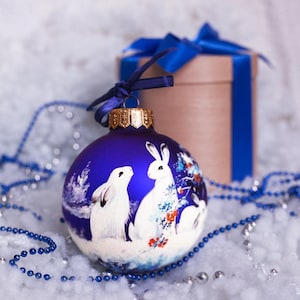 Bunny Ornament Hand Painted, White Rabbits Custom Bauble, Winter Snow ...