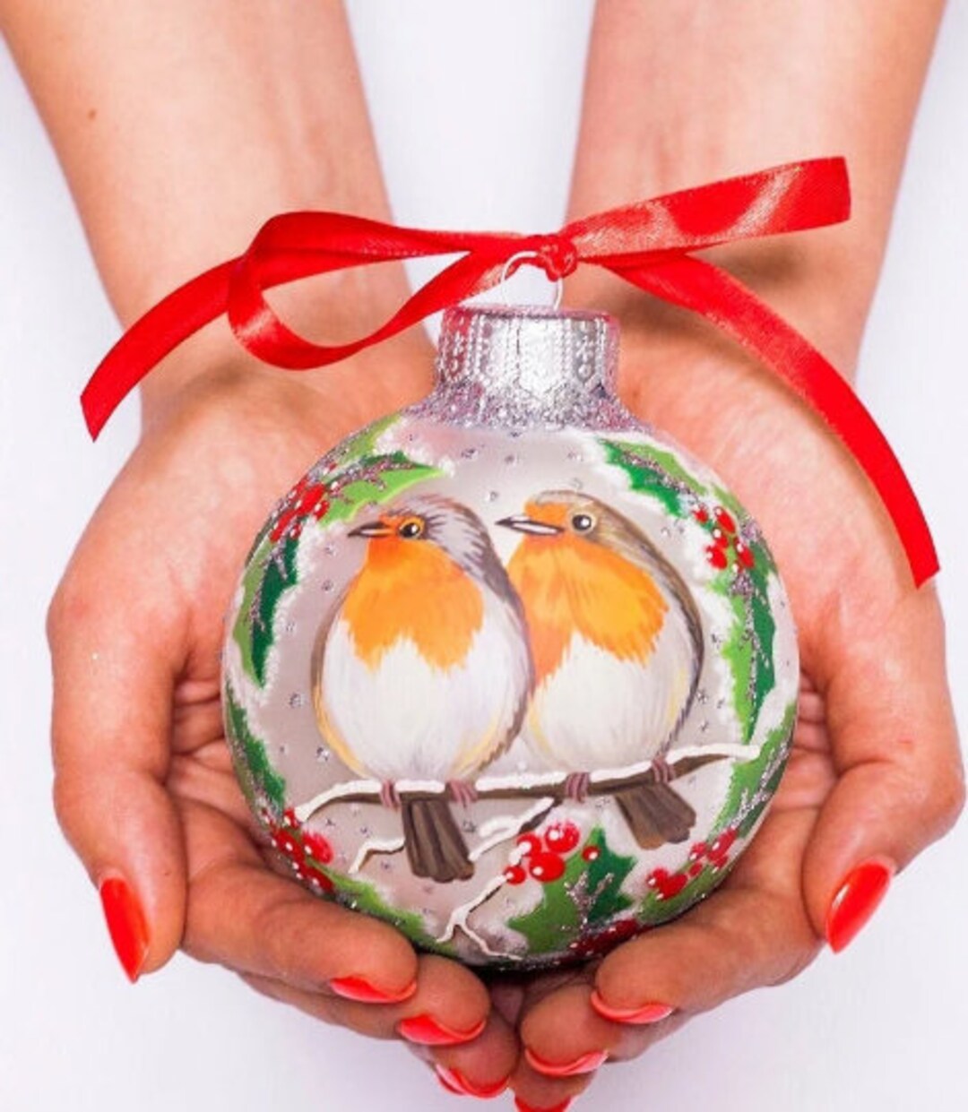 Couple of Robins Christmas Glass Ornament, Custom Hand Painted Silver ...