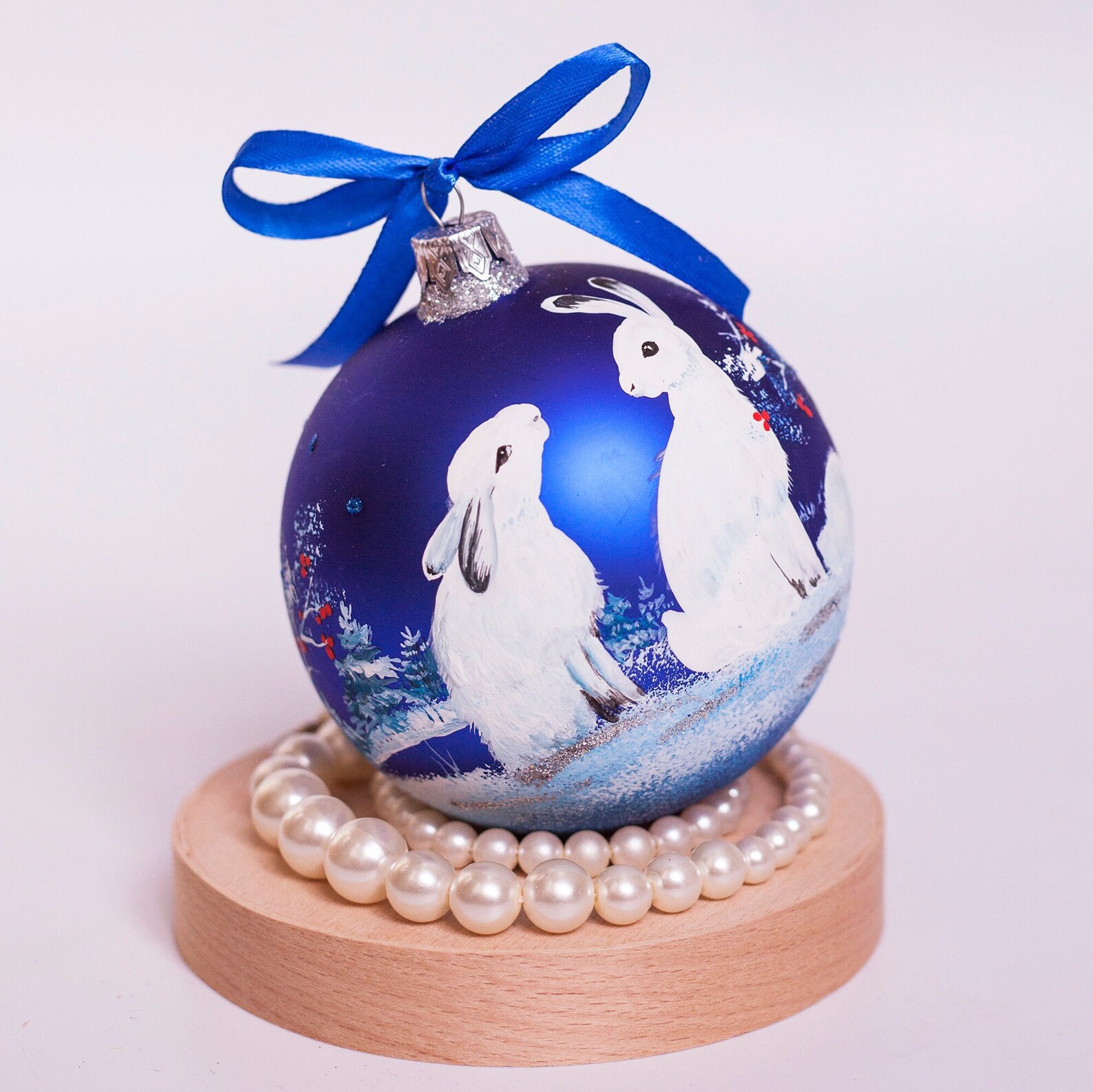 Bunny Ornament Hand Painted, White Rabbits Custom Bauble, Winter Snow ...