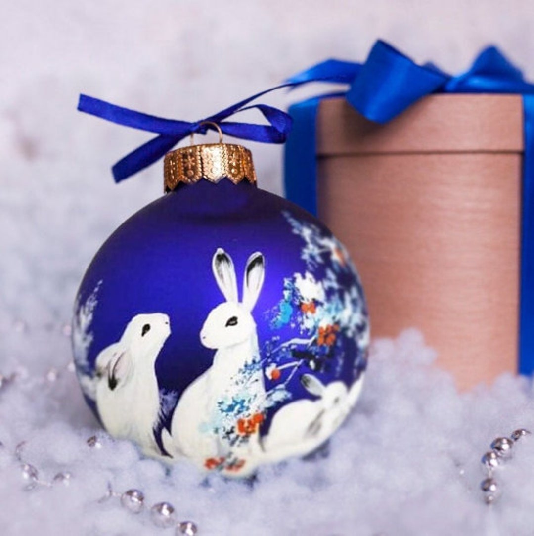 Bunny Ornament Hand Painted, White Rabbits Custom Bauble, Winter Snow ...