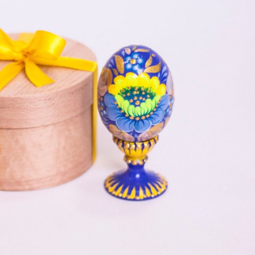 Yellow and Blue Pysanka Easter Egg, Hand Painted Wooden Egg With Flower ...