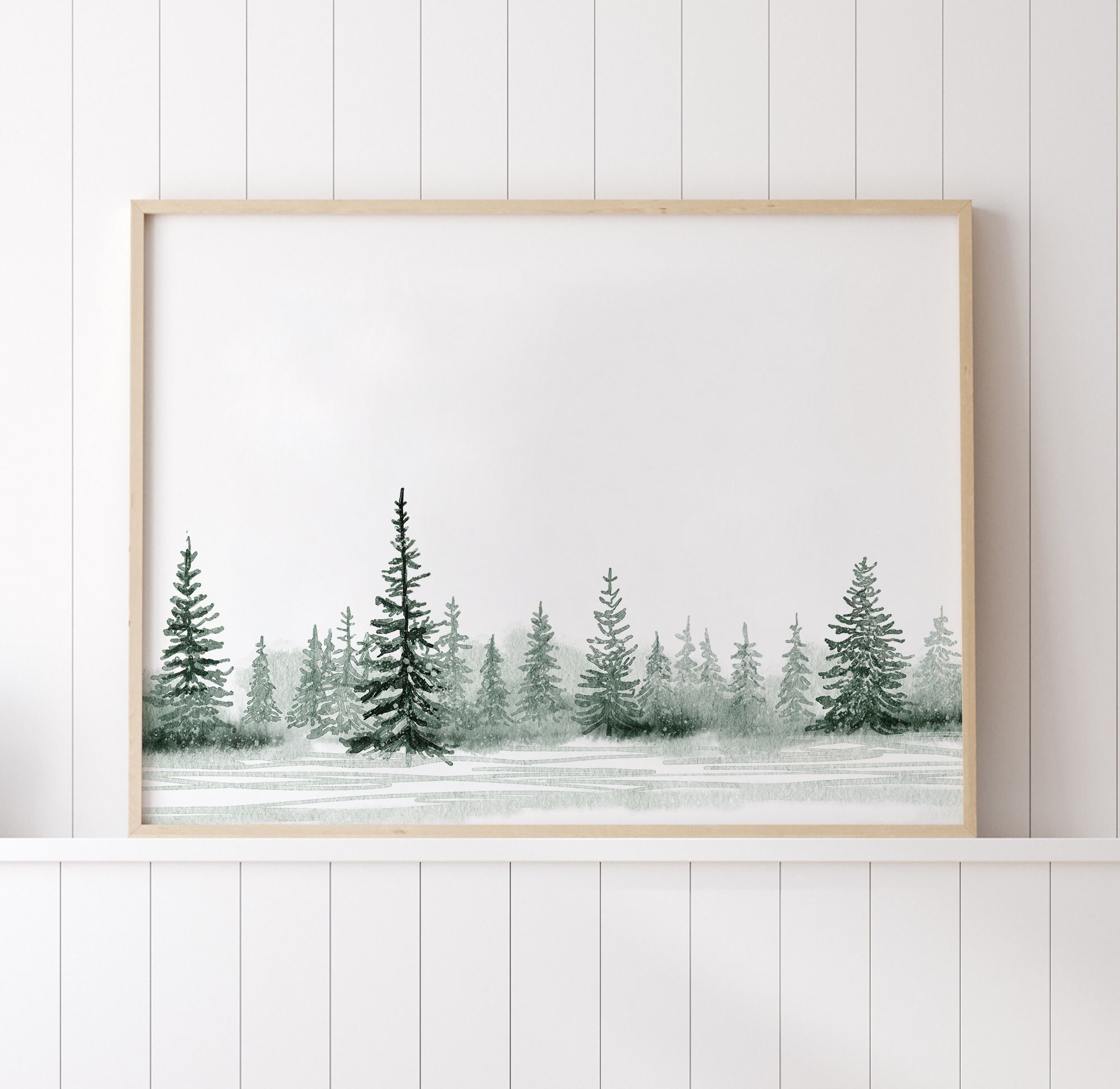 Winter Trees Christmas Printable Art Green Winter Landscape - Etsy