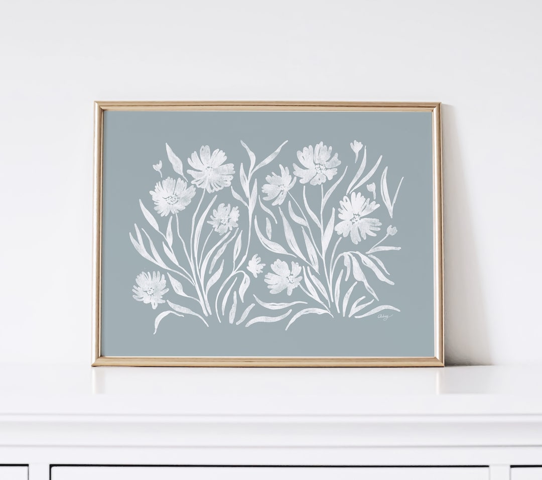 White Flower Printable Wall Art, Muted Blue Wildflower Print, Botanical ...