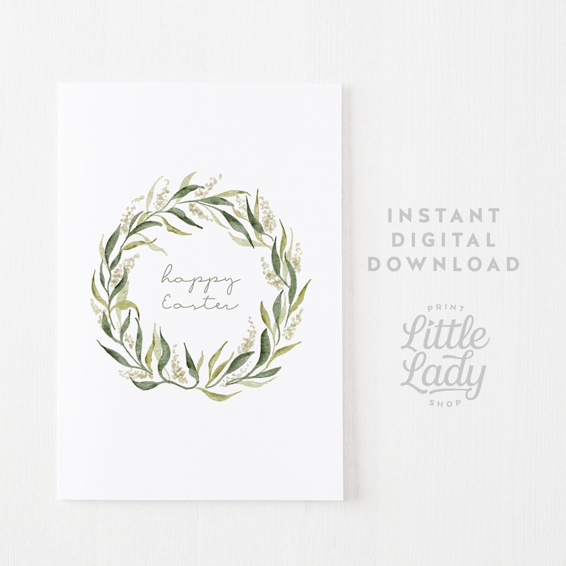 Happy Easter Print, Spring Easter Printable Wall Art, Spring Wreath ...