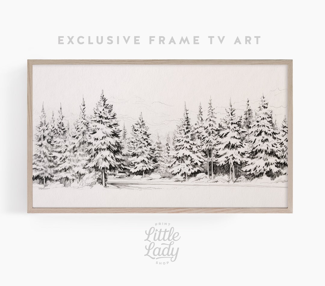 Winter Tree Sketch Christmas Frame TV Art, Neutral Winter Landscape ...