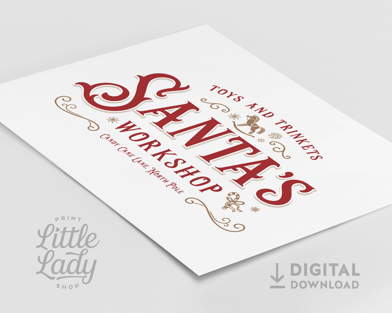 Red Christmas Print, Santa's Workshop Print, Holiday Printable Art ...