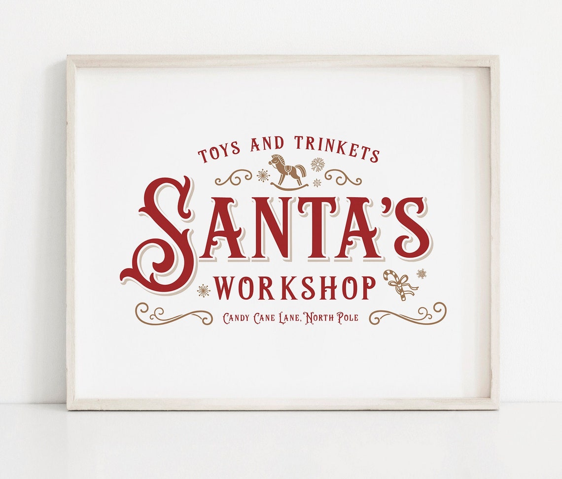 Red Christmas Print, Santa's Workshop Print, Holiday Printable Art ...
