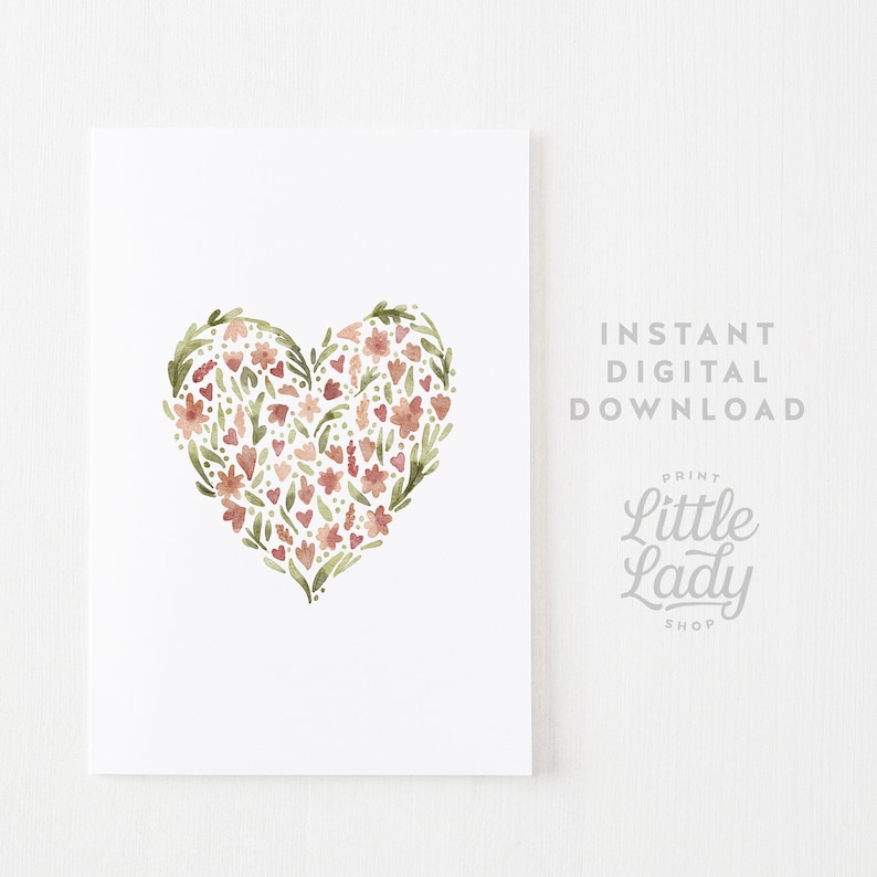 Flower Heart Print, Valentines Day Printable Wall Art, Floral ...