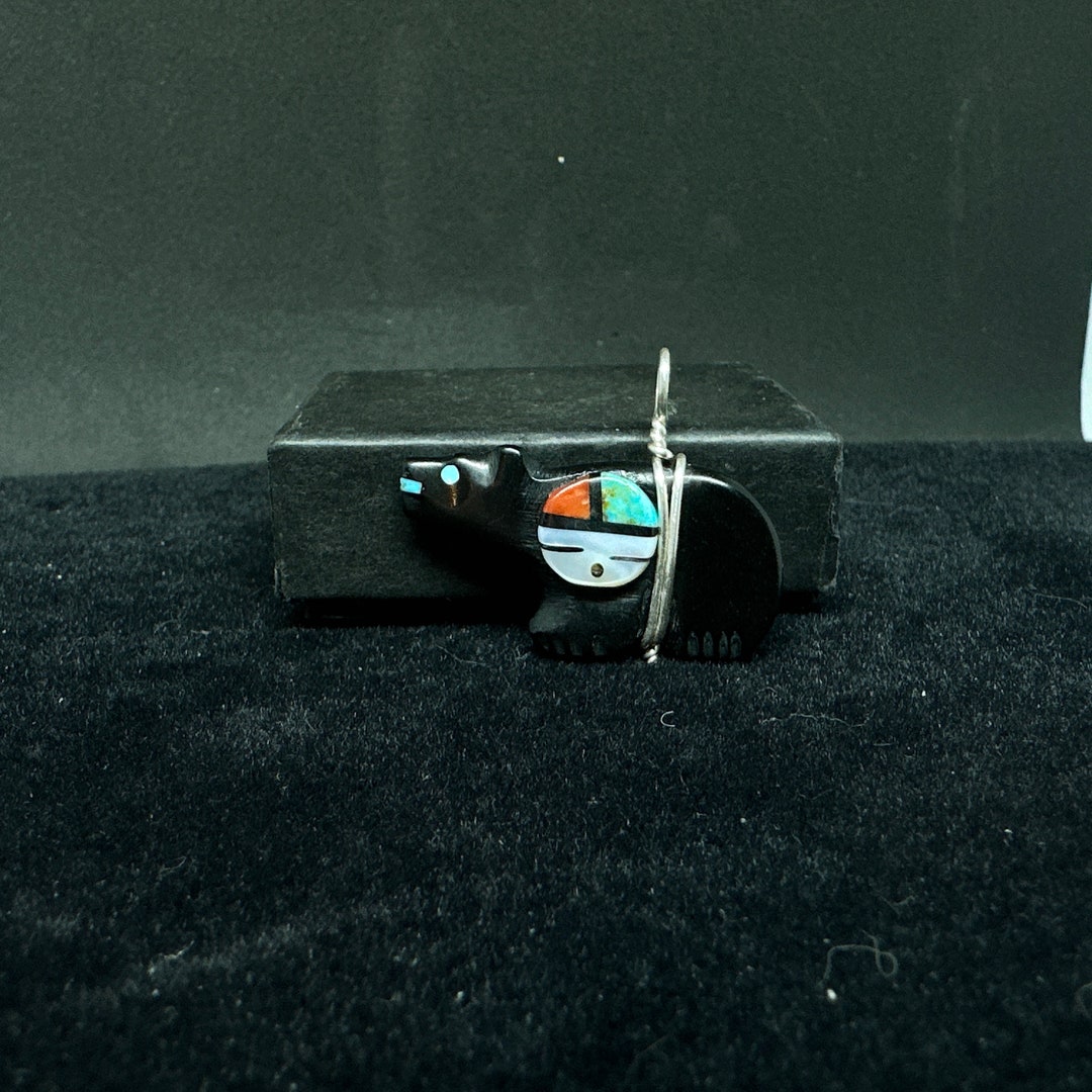 Vintage Old Pawn Sterling Silver Wrapped Onyx Zuni Bear With Turquoise ...