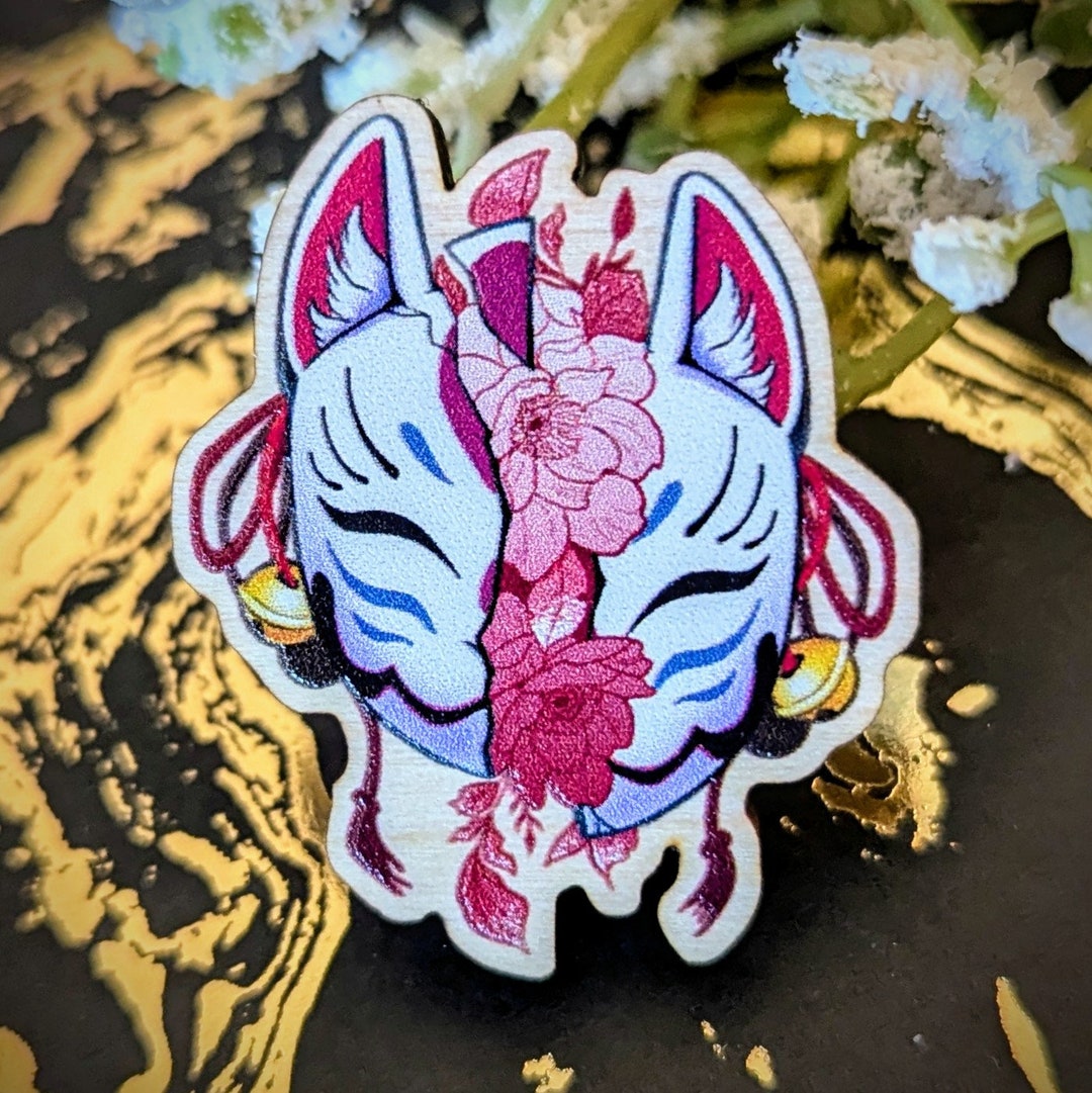 Split Floral Kitsune Mask Wooden Pin - Etsy