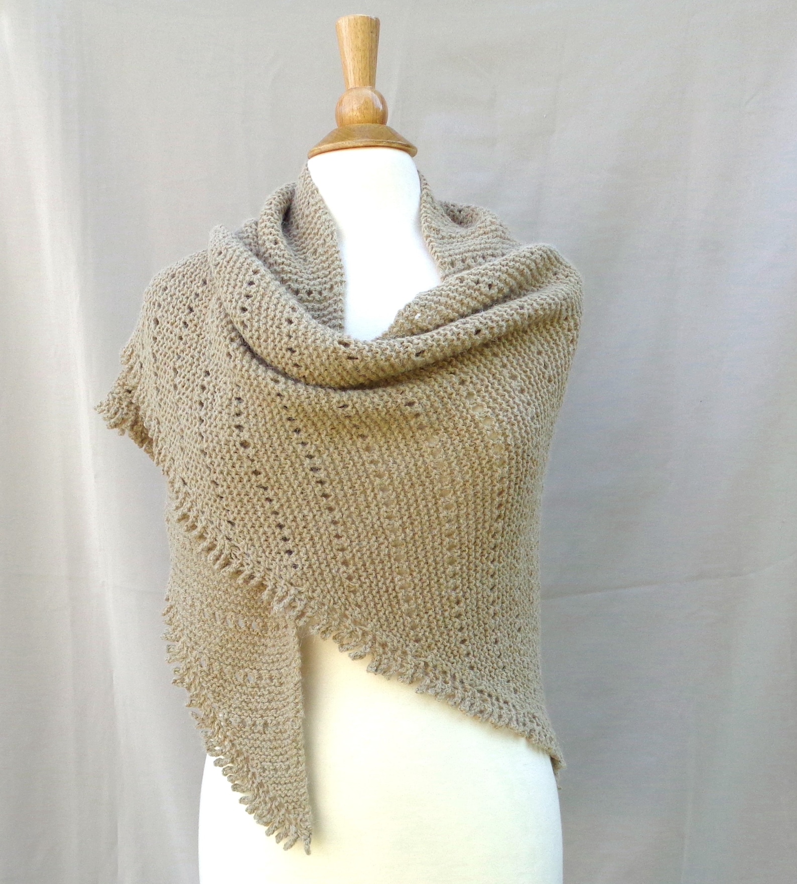Garter Stitch Shawl With Eyelets and Fringe Knitting Pattern, Side to ...