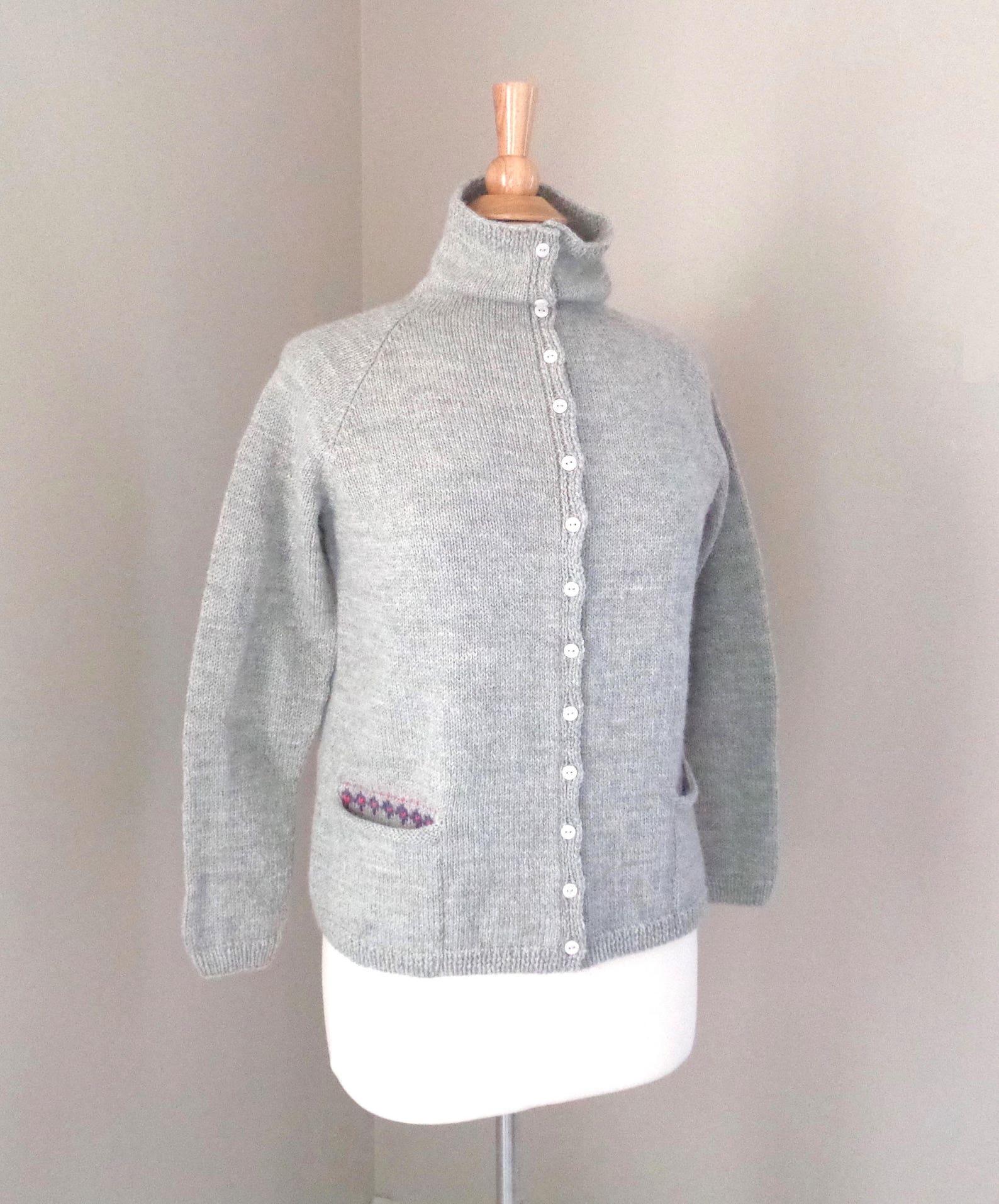 Cowl Neck Cardigan Sweater With Colorwork Pockets Knitting - Etsy