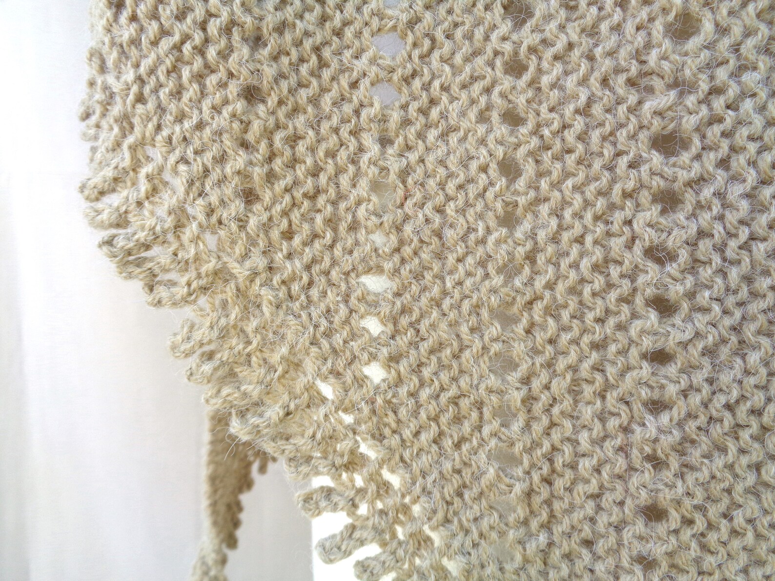 Garter Stitch Shawl With Eyelets and Fringe Knitting Pattern, Side to ...