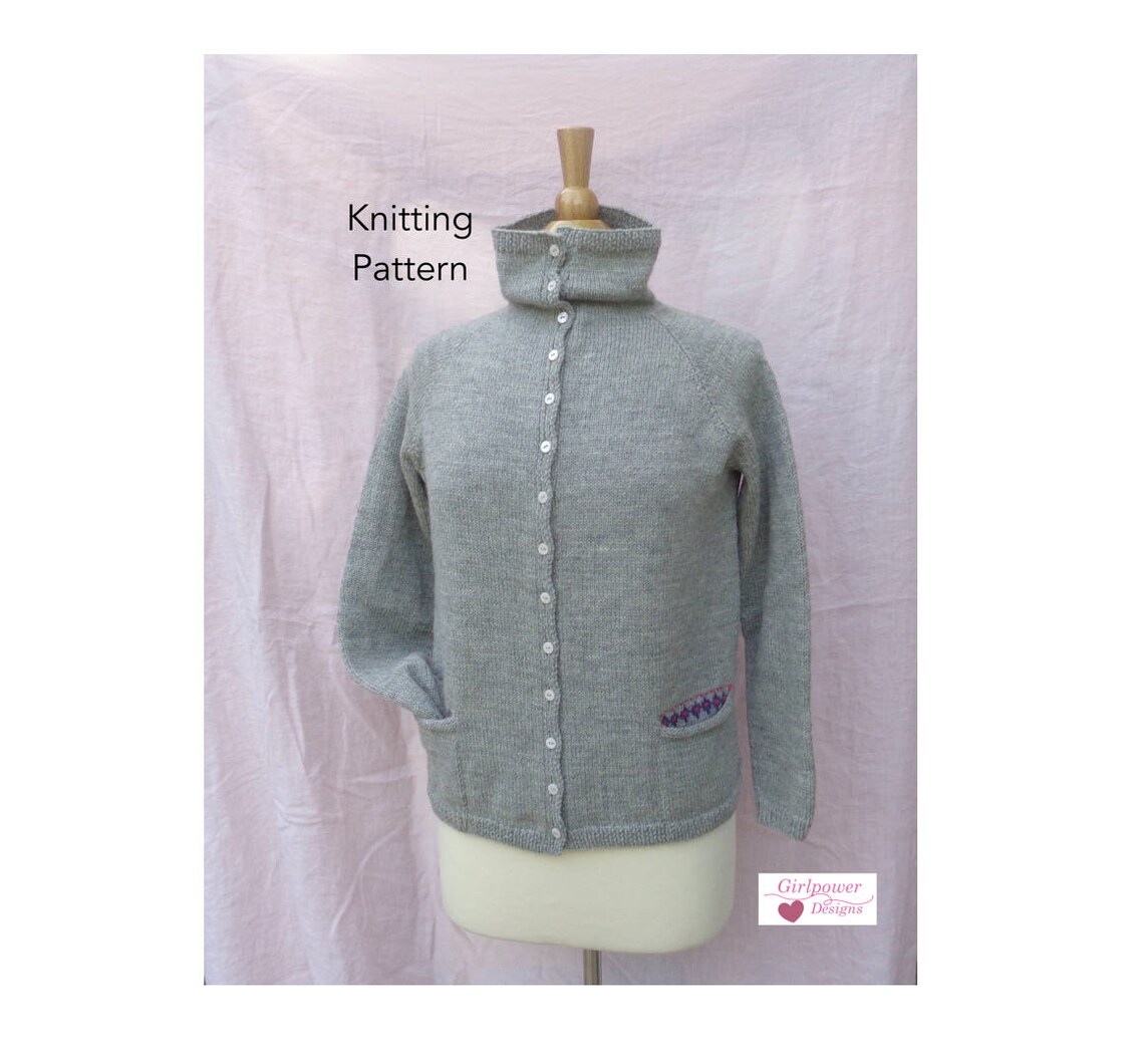 Cowl Neck Cardigan Sweater With Colorwork Pockets Knitting - Etsy