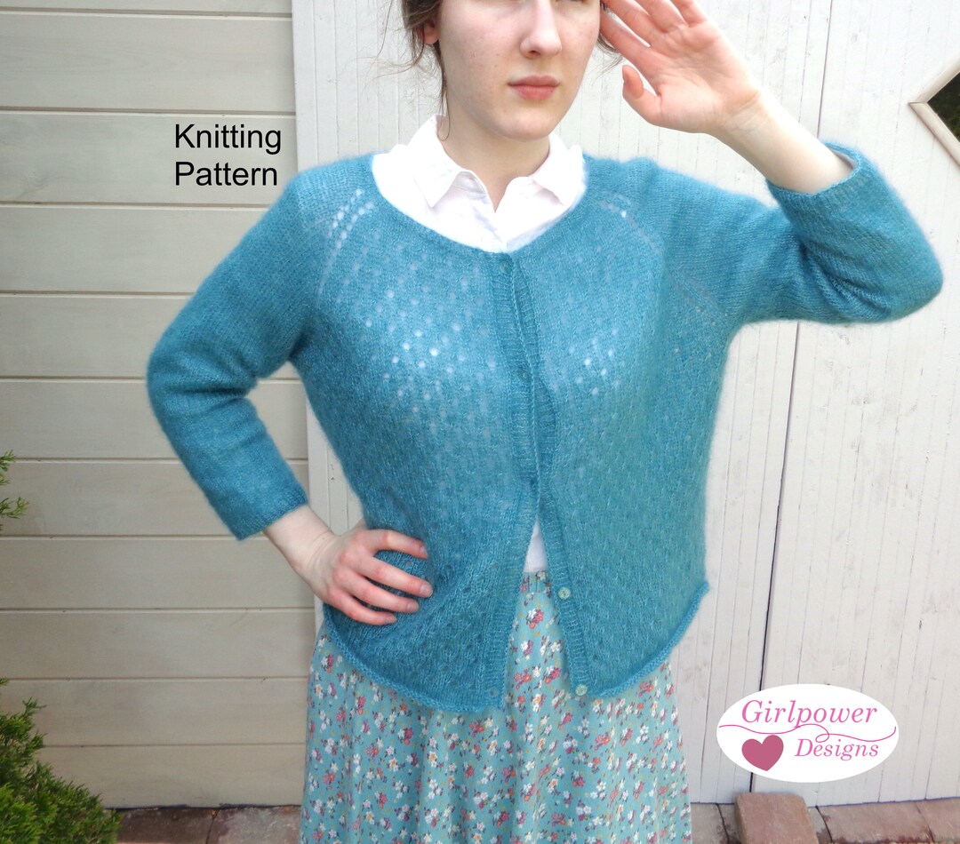 Eyelet Stitch Cardigan Knitting Pattern, Raglan Sleeves, Mohair Yarn ...