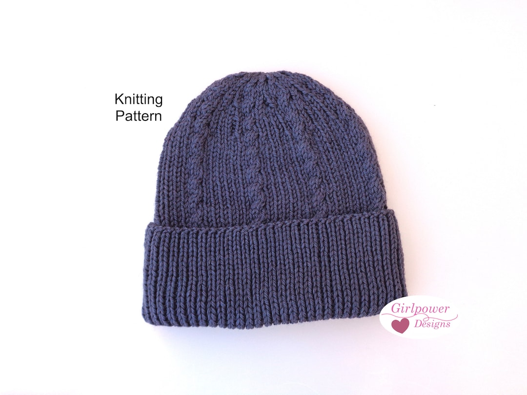 1x1 Ribbed Hat With Simple Cables Knitting Pattern, Worsted Yarn, Adult ...