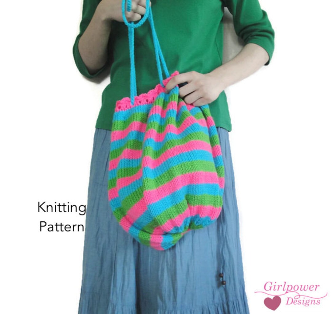 Drawstring Bag, Easy Knit Pattern, Shoulder Sling Bag, Knitting Pattern ...