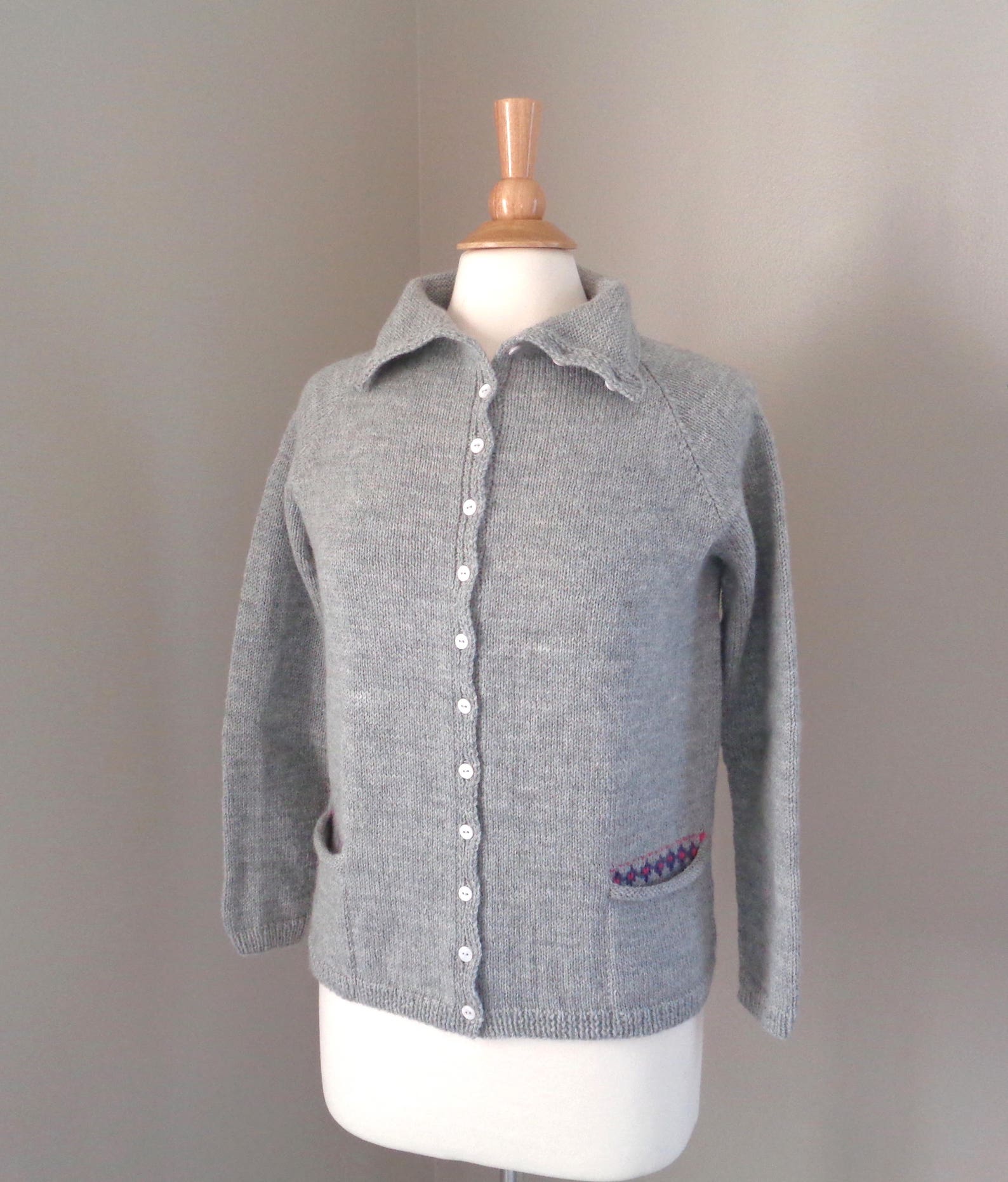 Cowl Neck Cardigan Sweater With Colorwork Pockets Knitting - Etsy