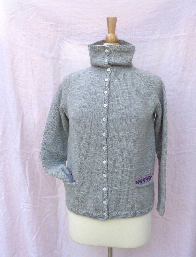 Cowl Neck Cardigan Sweater with Colorwork Pockets Knitting | Etsy