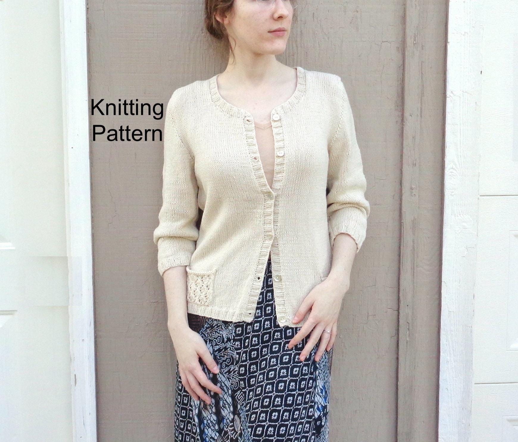 Crew Neck Cardigan Sweater With Lace Pockets, Knitting Pattern ...