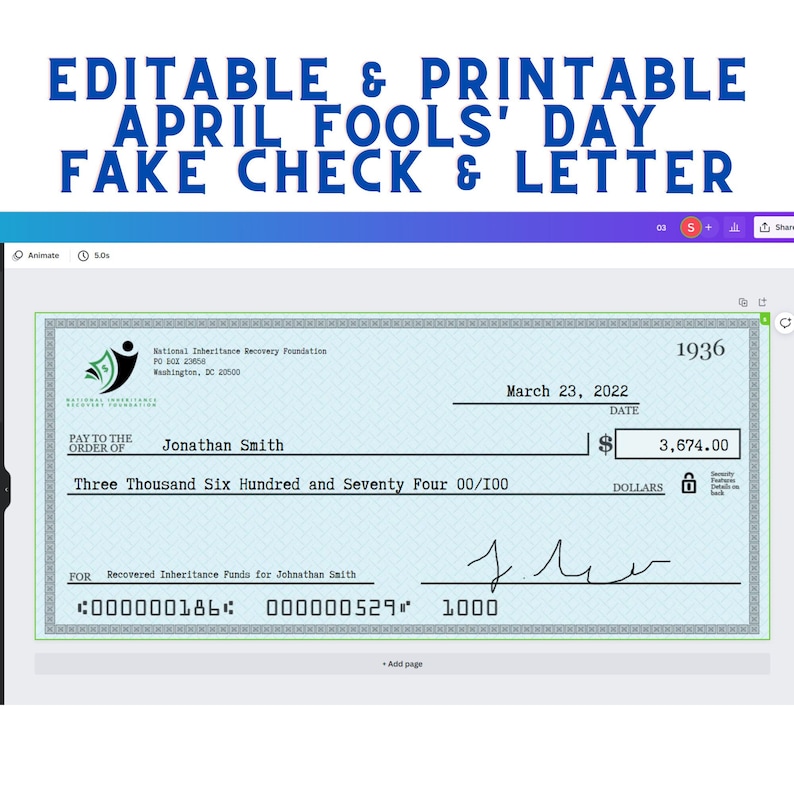 April Fools' Day Prank - Easy Editable & Printable Fake Check - Fake ...