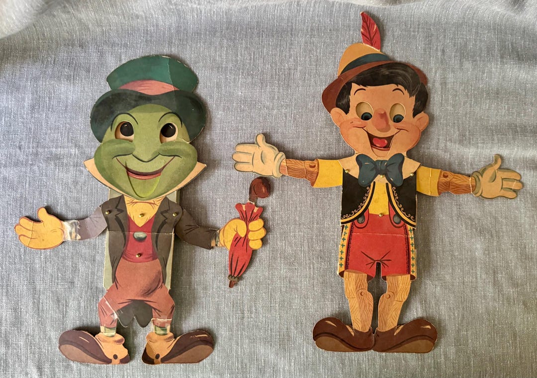 Pair 1940s Walt Disney Productions Pinocchio and Jiminy Cricket Paper ...