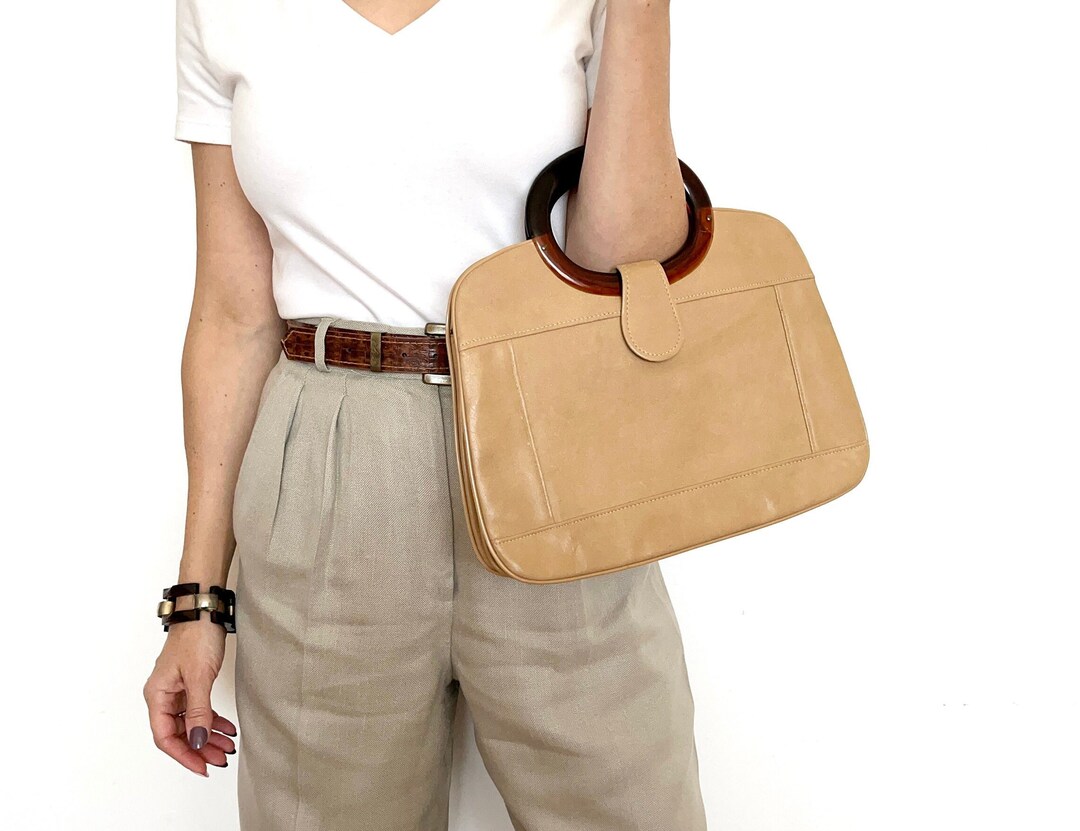 Vintage 70s Tan Faux Leather Handbag: Mod Round Handle Purse - Etsy