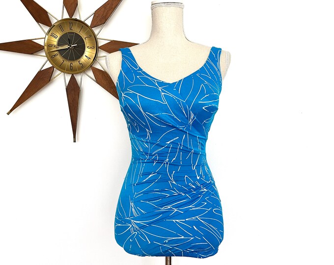 Vintage 1970s/80s NOS Blue & White Abstract Pattern Ruched One Piece ...