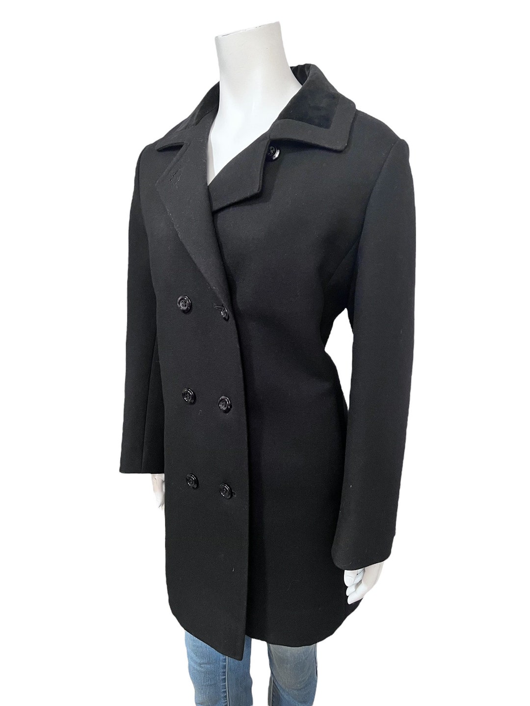 VINTAGE Black Wool Structured Double Breasted Coat Velvet Collar Size ...