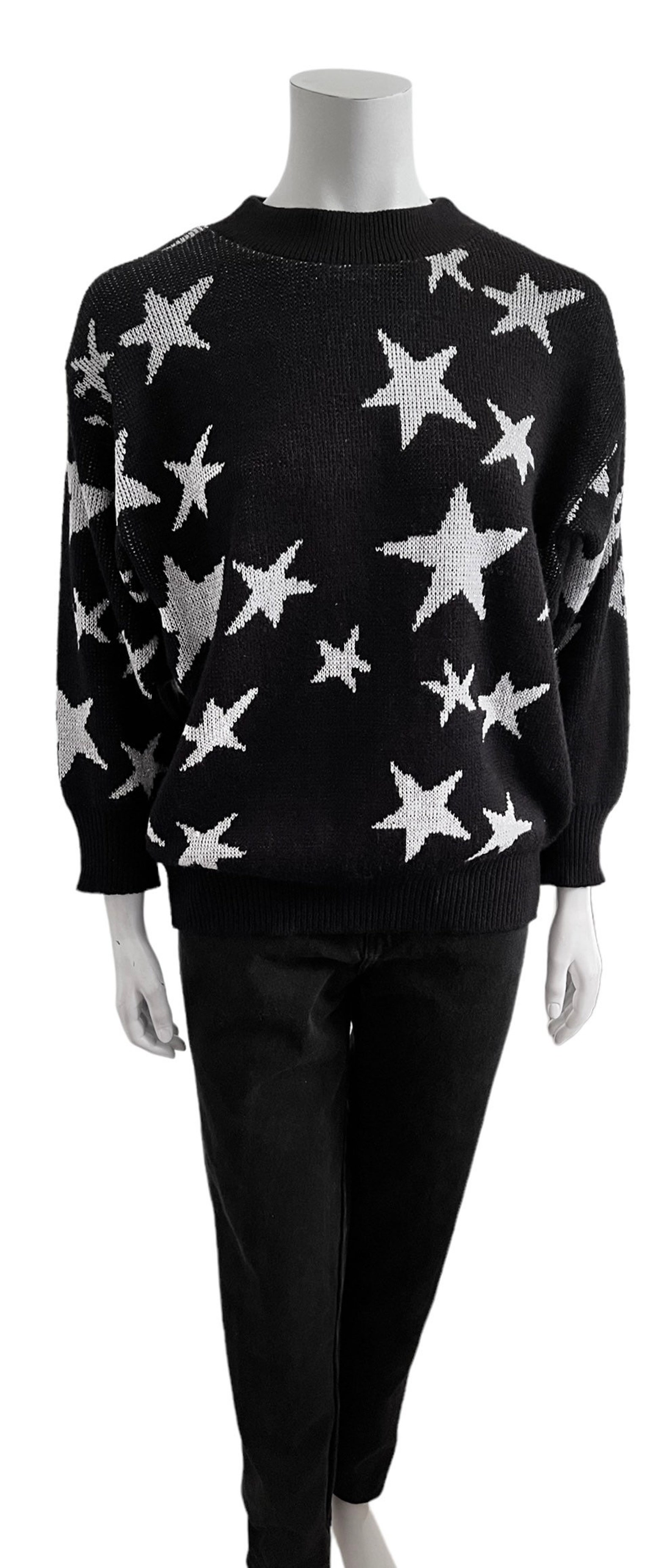 VINTAGE 90s Knit Black Pullover Sweater Silver Star Print - Etsy