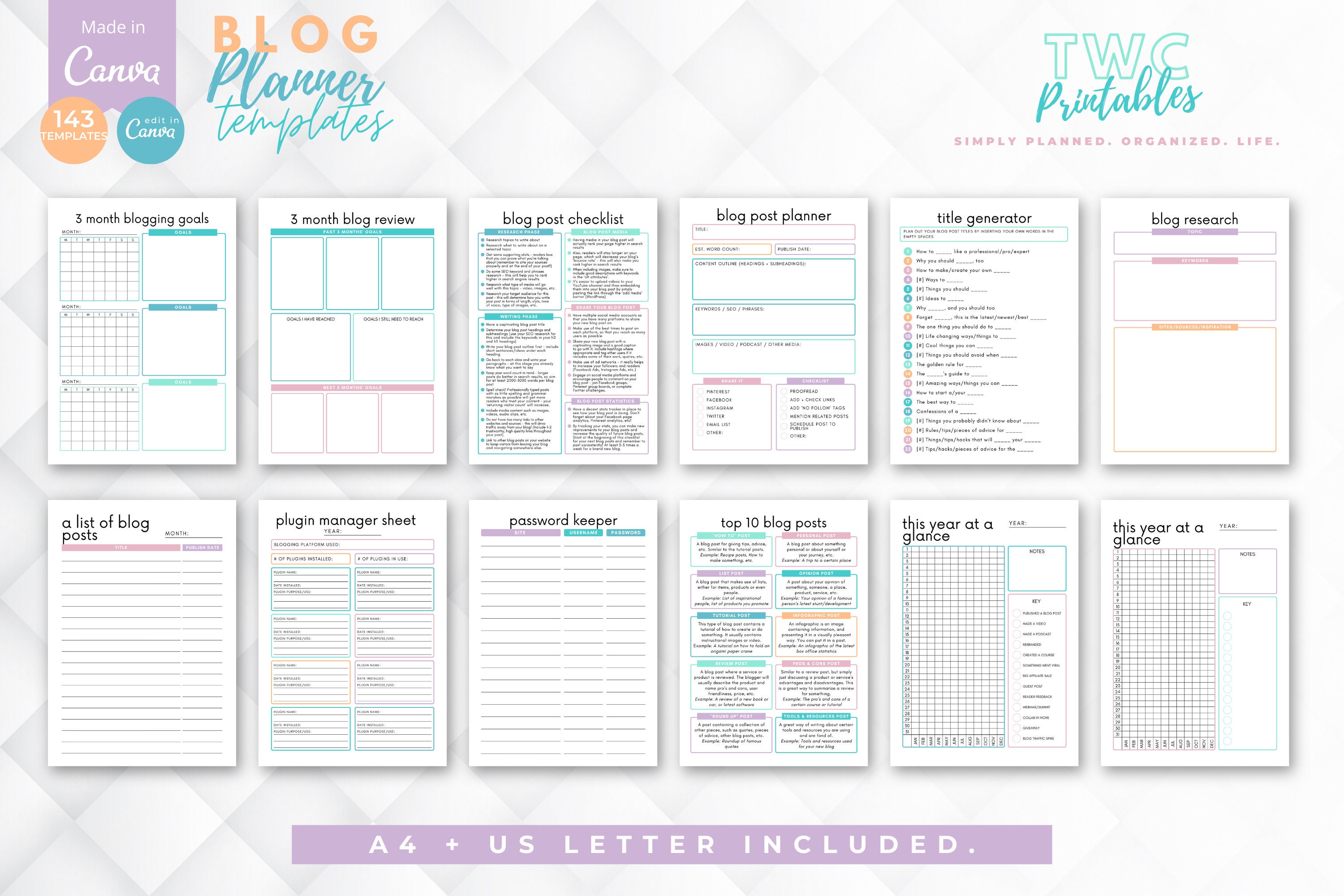 Blog Planner Templates for Canva 143 Pages Blogging Organizer, Content ...