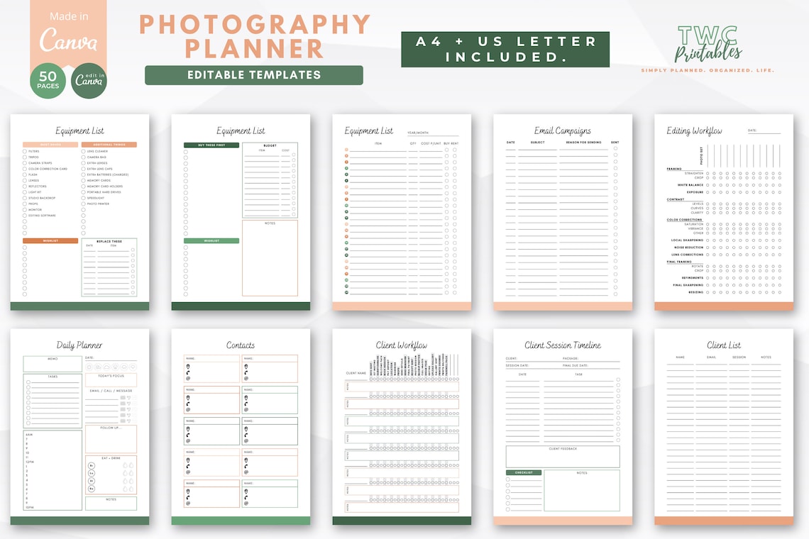 Photography Planner Canva Templates 50 Pages Shoot Organizer, Image ...