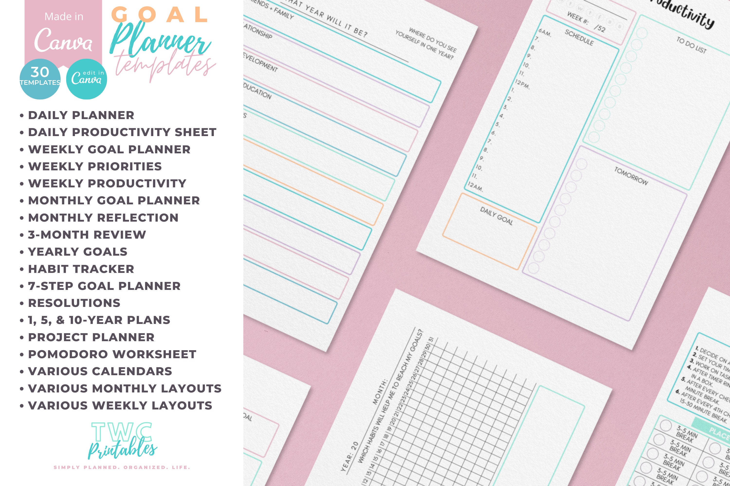 Goal Planner Canva Templates 30 Pages Editable Printable Goal Planning ...